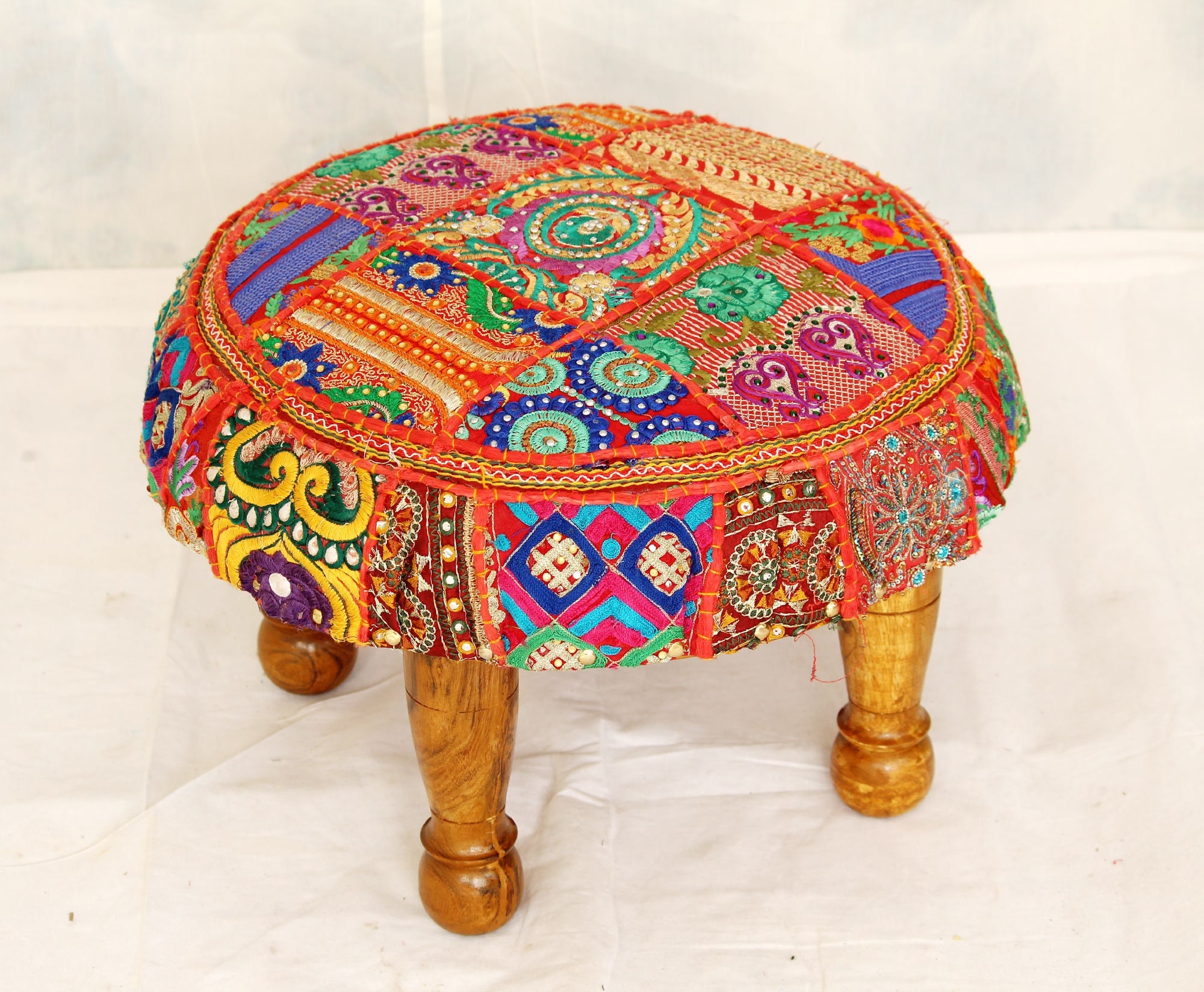Unique Patchwork Small Footstool With Wooden Feet / Small Low | Etsy