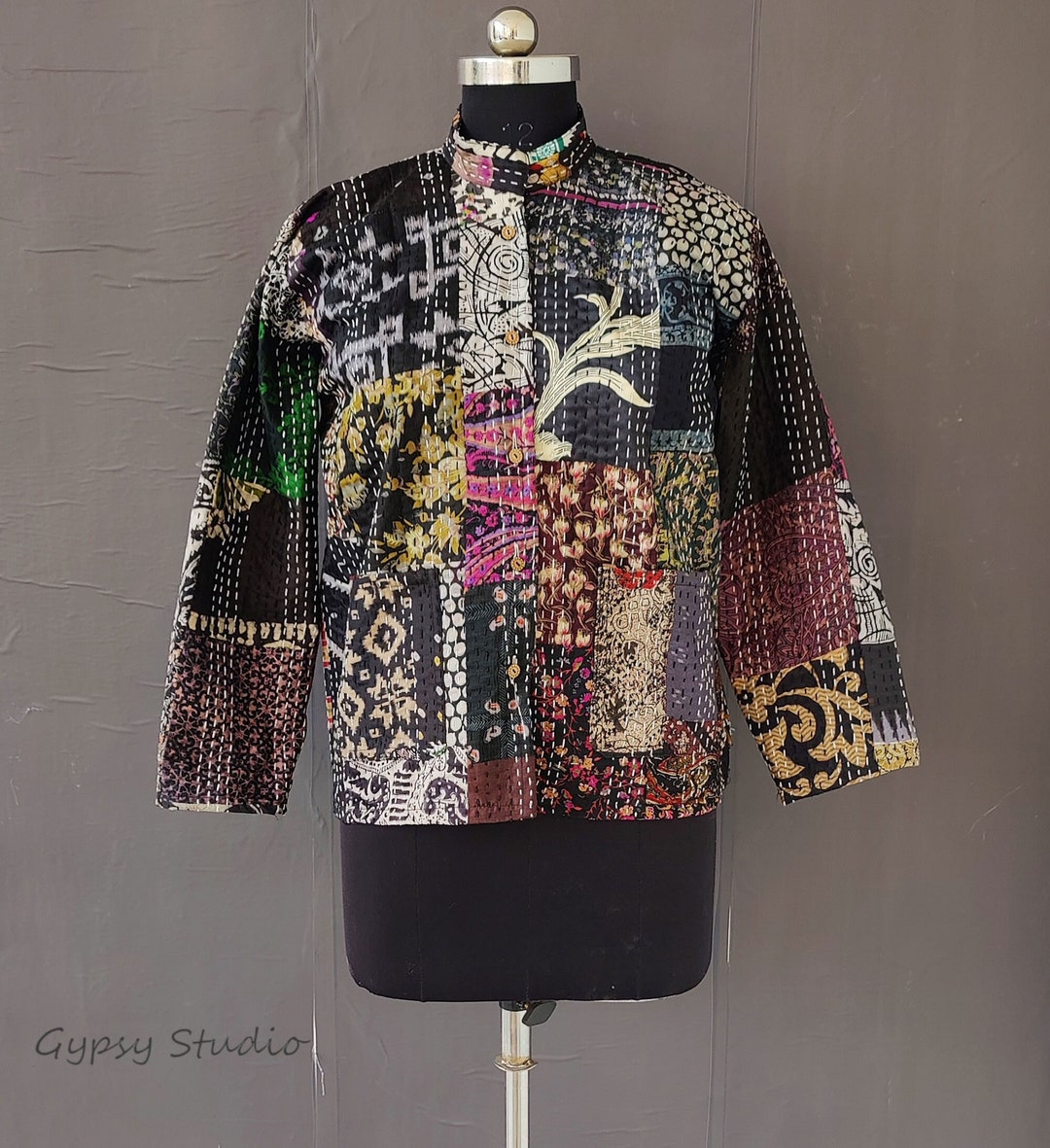 Black Indian Kantha Jacket Short Jacket Patchwork Sari - Etsy