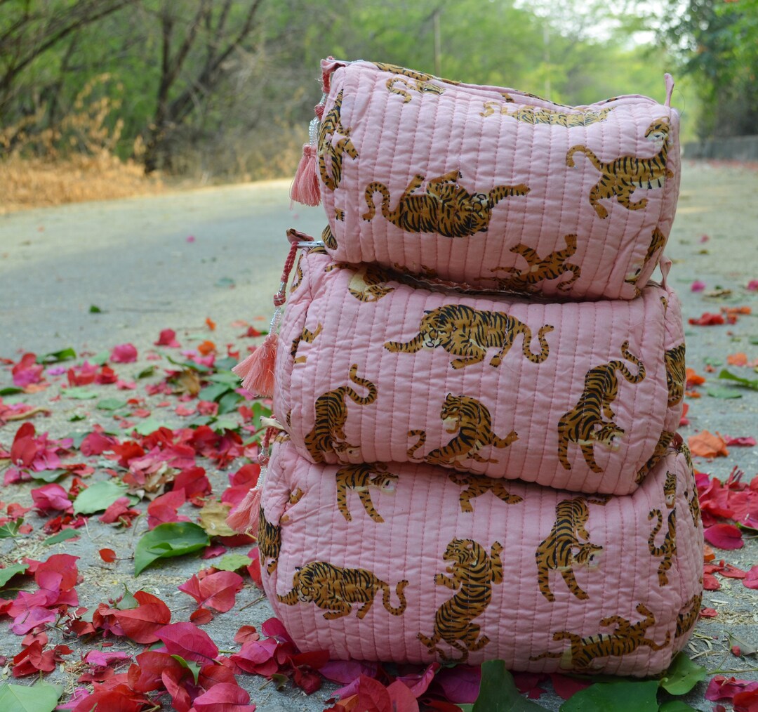 Set of 3 Pieces Tiger Print Indian Cotton Handmade Toiletry Bags ...