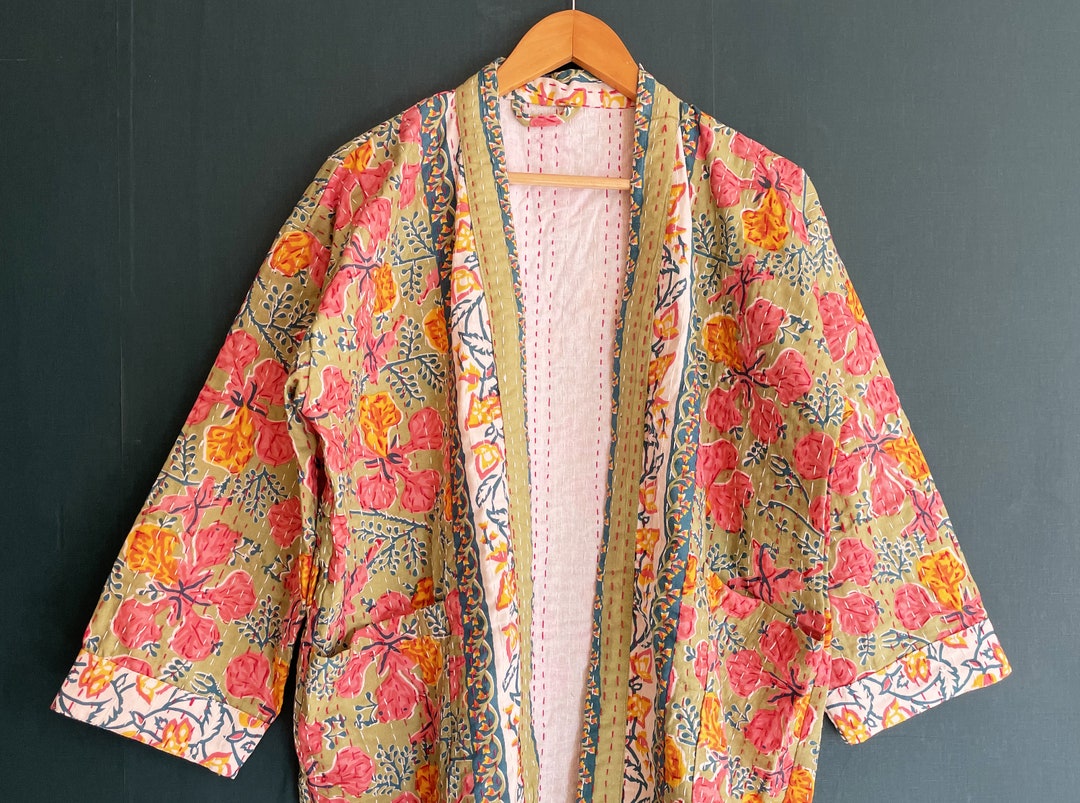 Sale Jaipuri Print , Indian Handmade Cotton Kantha Kimono, Floral Block ...