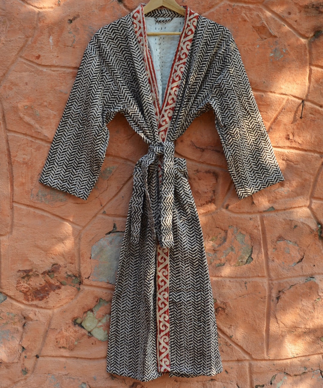 Hand Block Print Long Coat Robe, Indian Handmade Cotton Kantha Kimono ...