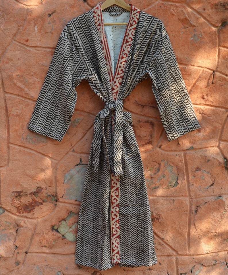 Hand Block Print Long Coat Robe, Indian Handmade Cotton Kantha Kimono ...