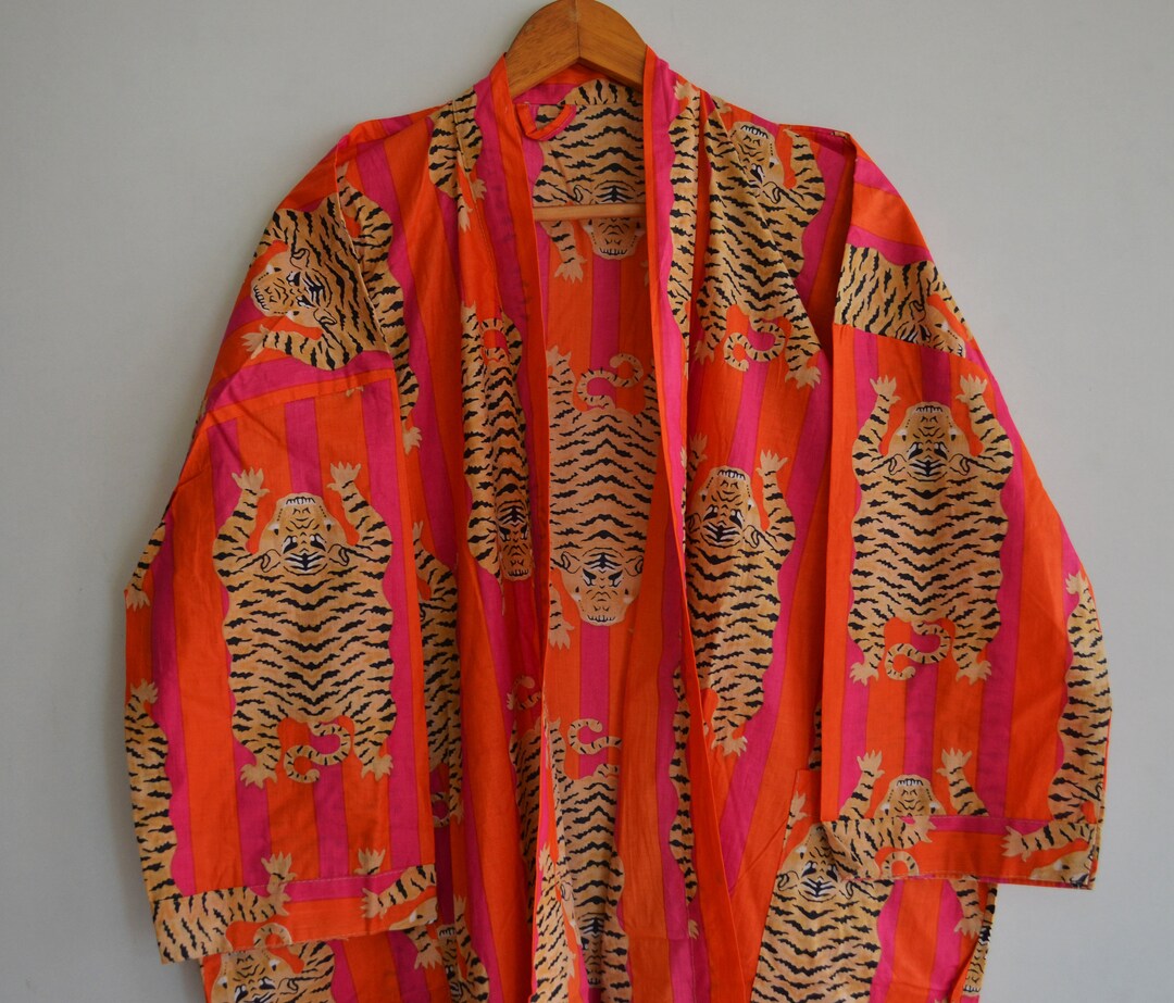 Women Indian Block Animal Print Night Wear Cotton Long Kimono Robe ...