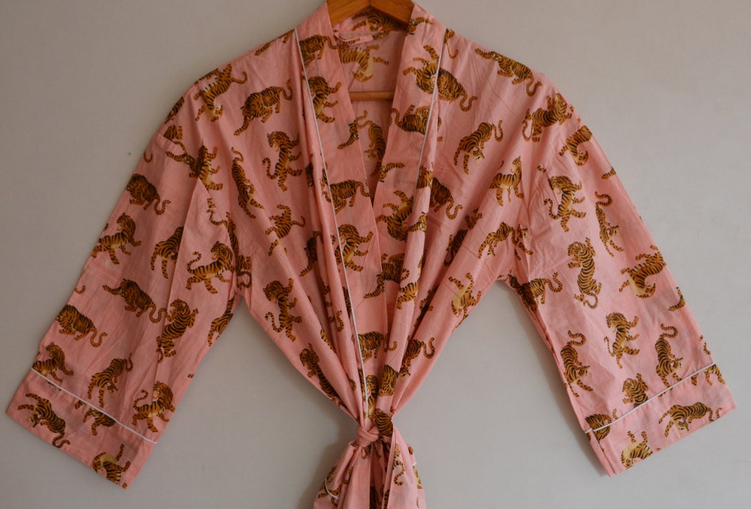 New Block Floral Indian Cotton Tiger Print Kimono Robes, Women ...