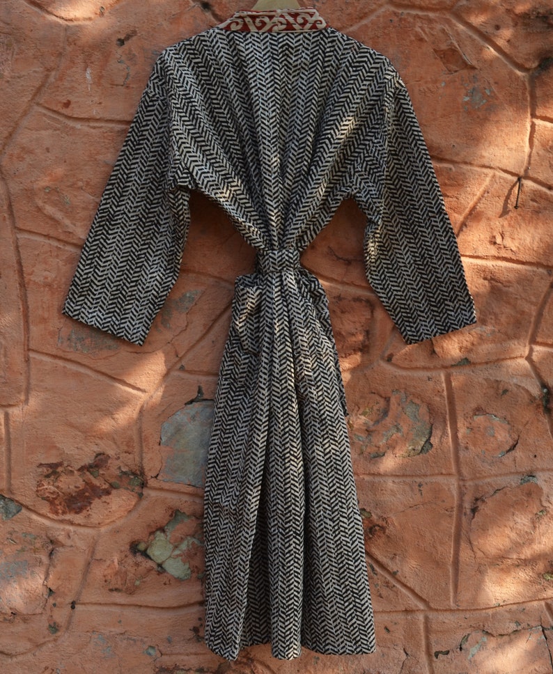 Hand Block Print Long Coat Robe, Indian Handmade Cotton Kantha Kimono ...