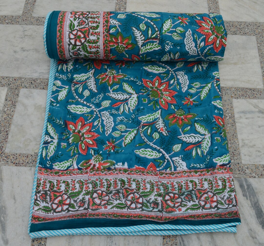 Indian Hand Block Floral Printed Soft Cotton Dohar, Handmade Reversible ...
