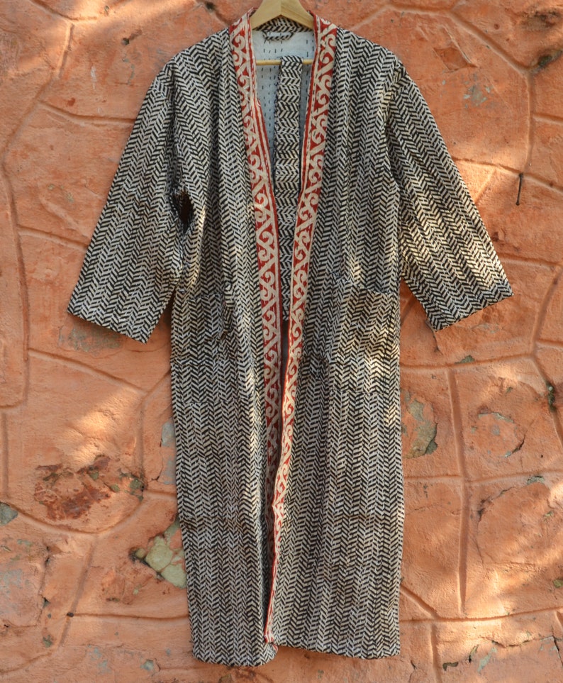 Hand Block Print Long Coat Robe, Indian Handmade Cotton Kantha Kimono ...