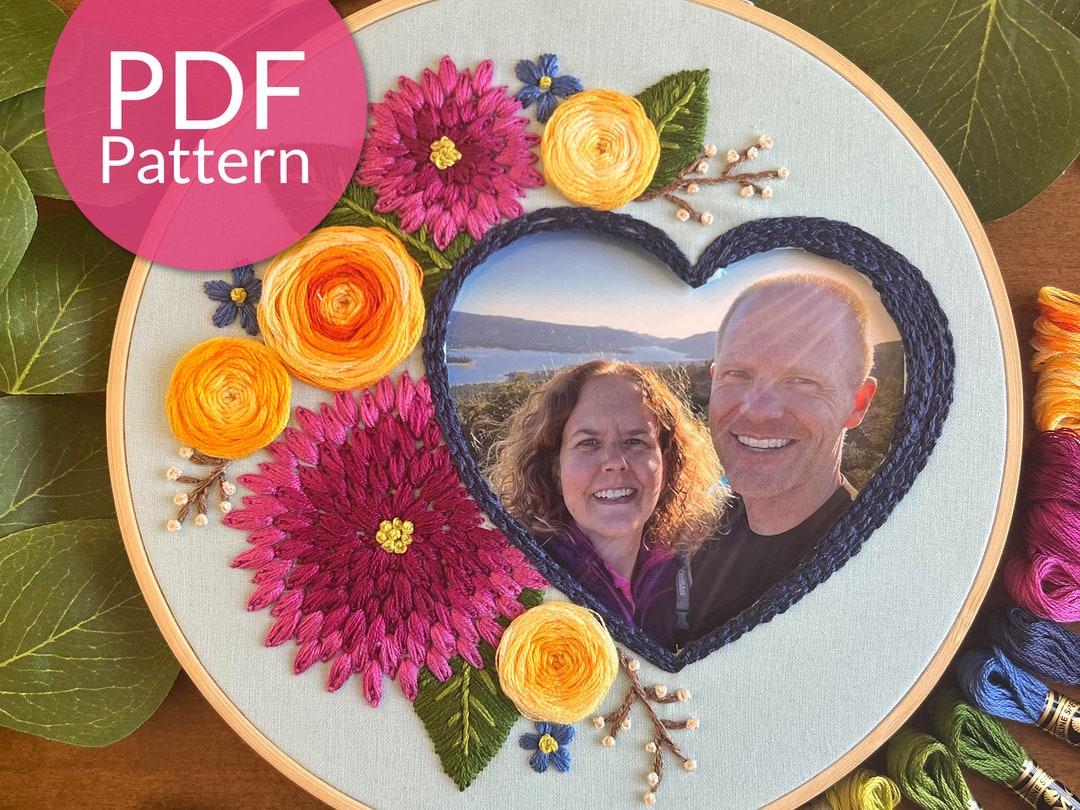 Photo Frame Hand Embroidery PDF Pattern Dahlia Heart Modern - Etsy