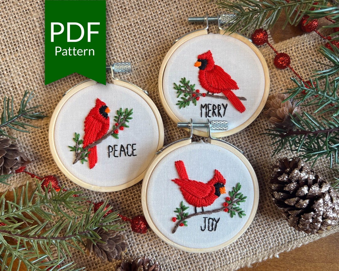 3 Cardinals Embroidery Design | Christmas Embroidery Pattern | Peace ...