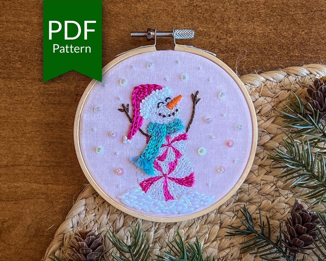 Peppermint Joy Snowman Christmas Embroidery Pattern | Christmas Needlepoint Craft | Snowman ...