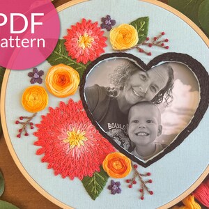 Photo Frame Hand Embroidery PDF Pattern Dahlia Heart Modern - Etsy