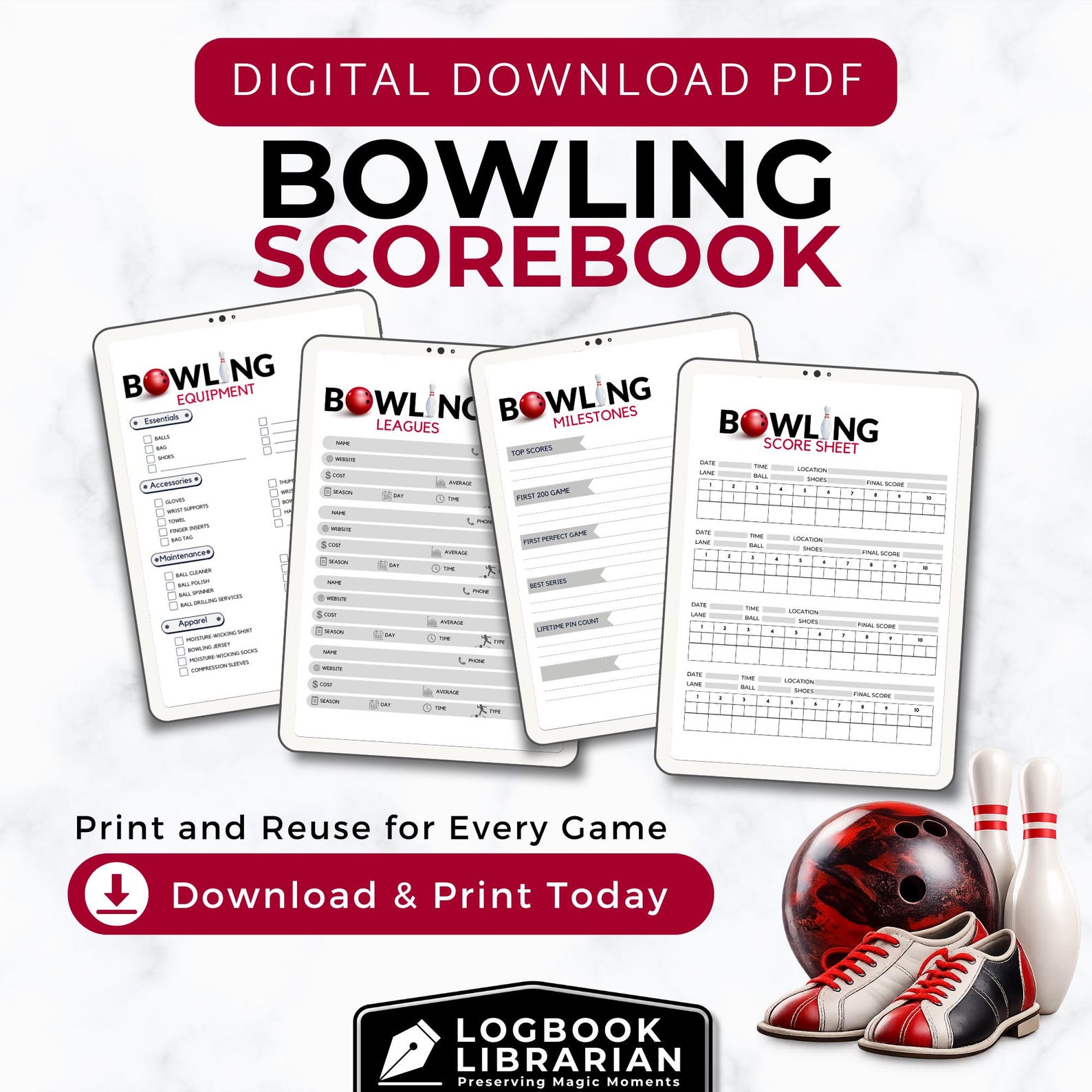 Printable Bowling Score Sheets & Tracker | Digital Scorebook PDF ...
