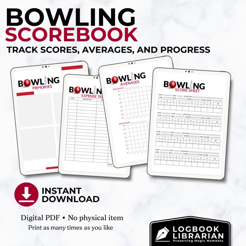 Printable Bowling Score Sheets & Tracker | Digital Scorebook PDF ...
