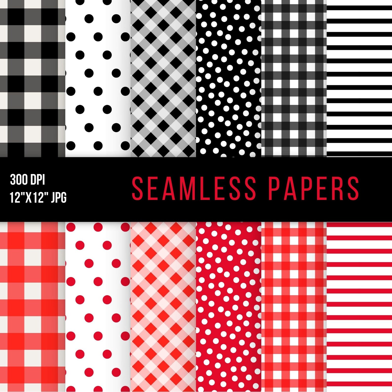 Red, Black & White Digital Paper: Dots, Gingham, Stripes (instant ...