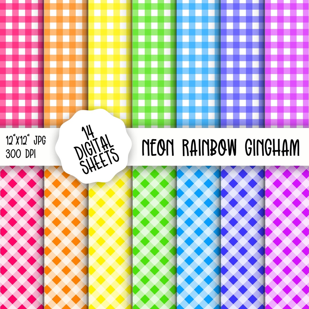 Neon Rainbow Gingham Digital Paper - Seamless Instant Download ...