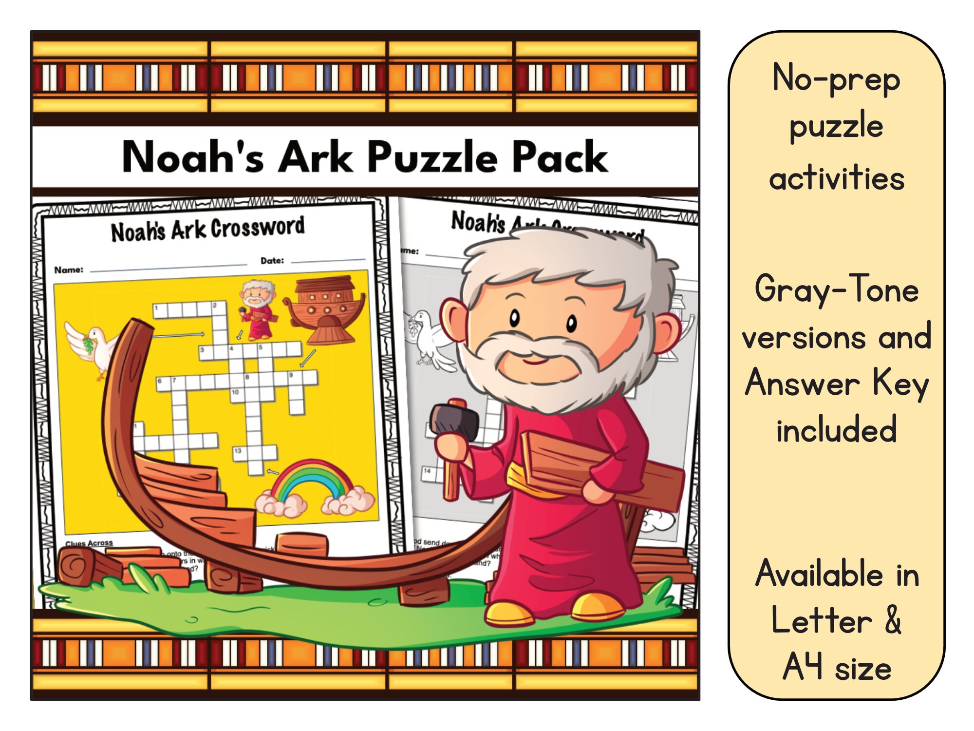 Noah's Ark Word Search and Crossword Puzzle Activity Pack Answer Key ...