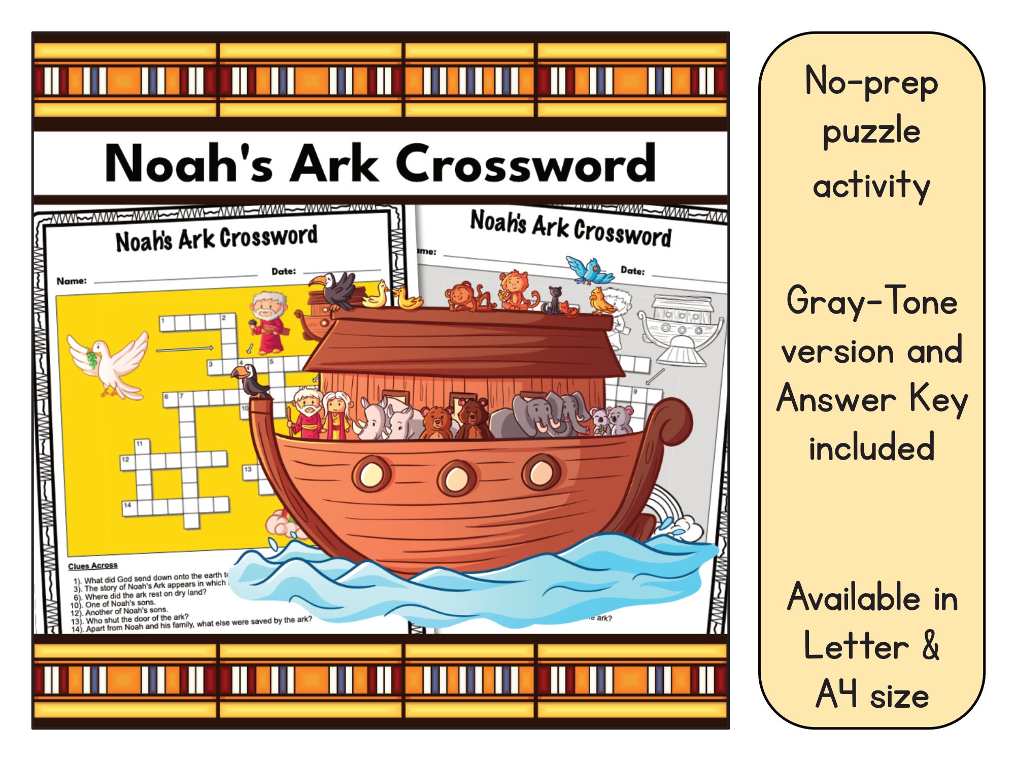 Noah's Ark Crossword Puzzle Printable - Answer Key Included - Available ...