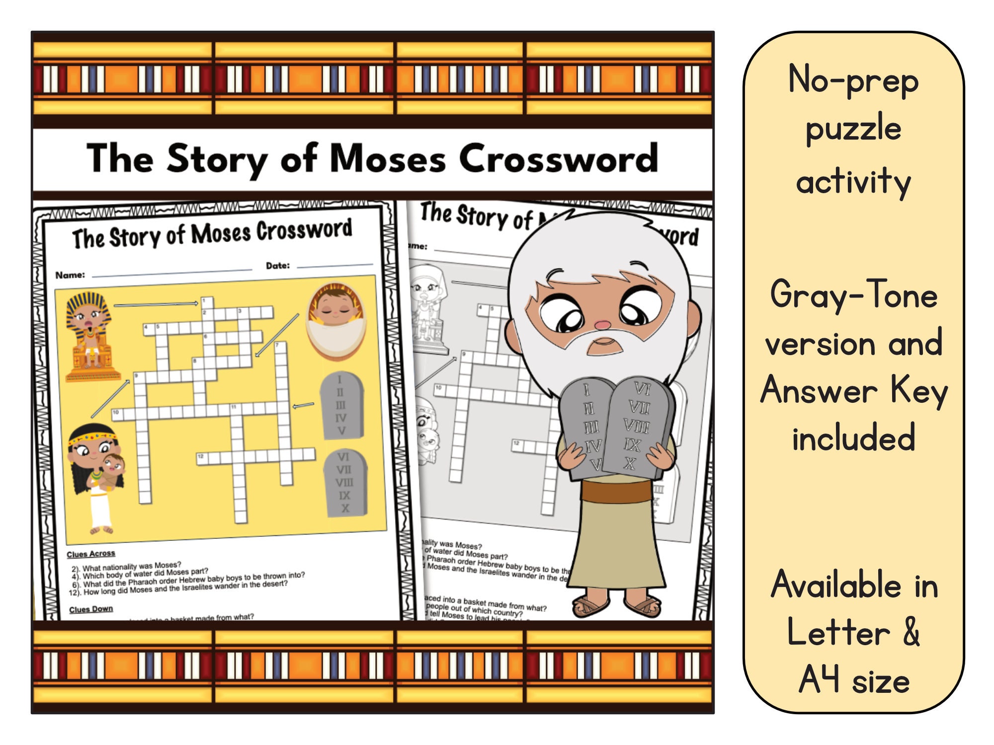 The Story of Moses Crossword Puzzle Printable - Answer Key Included ...
