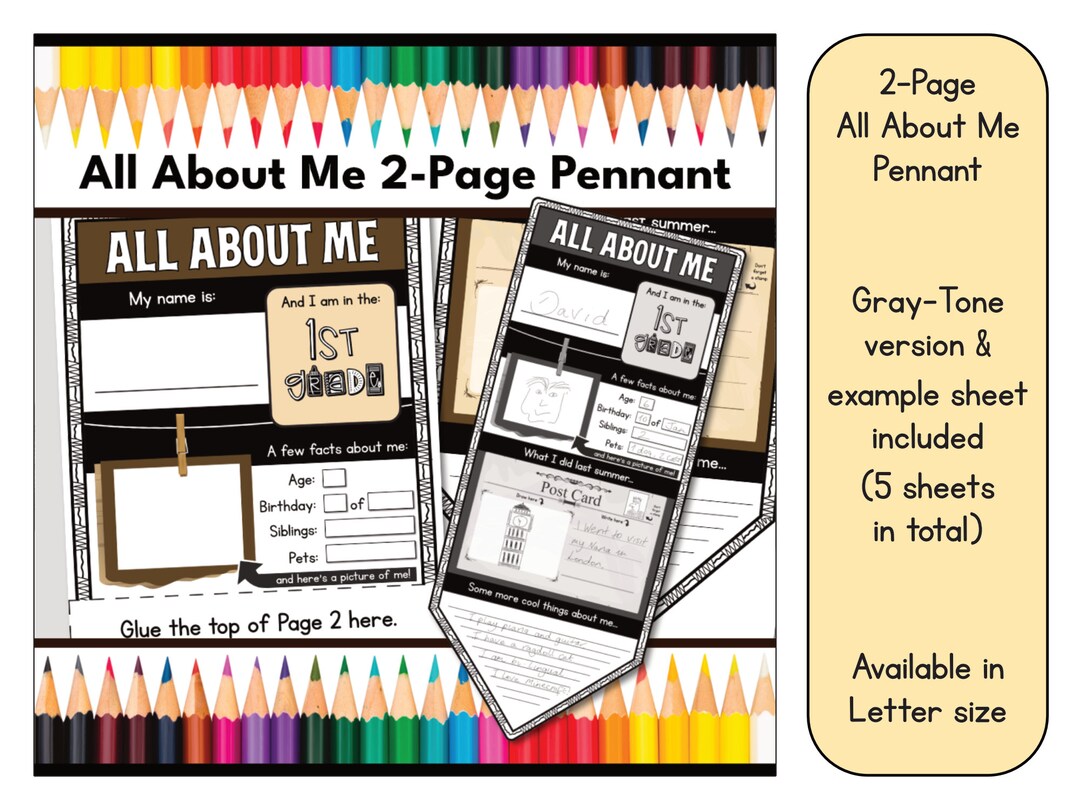 1st Grade Back to School 2-page All About Me Pennant - Bulletin Board ...
