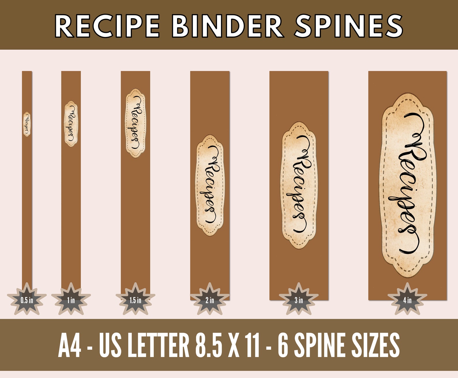 Recipe Binder Spine - US Letter + A4 - 6 Sizes of Recipe Binder Spines ...