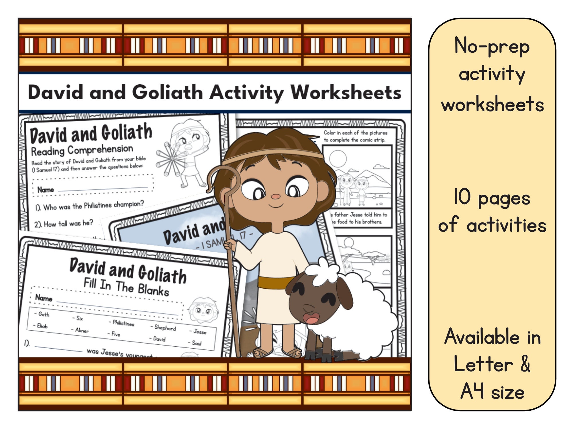 David and Goliath Activity Worksheets - Bible Printable in US Letter (8 ...