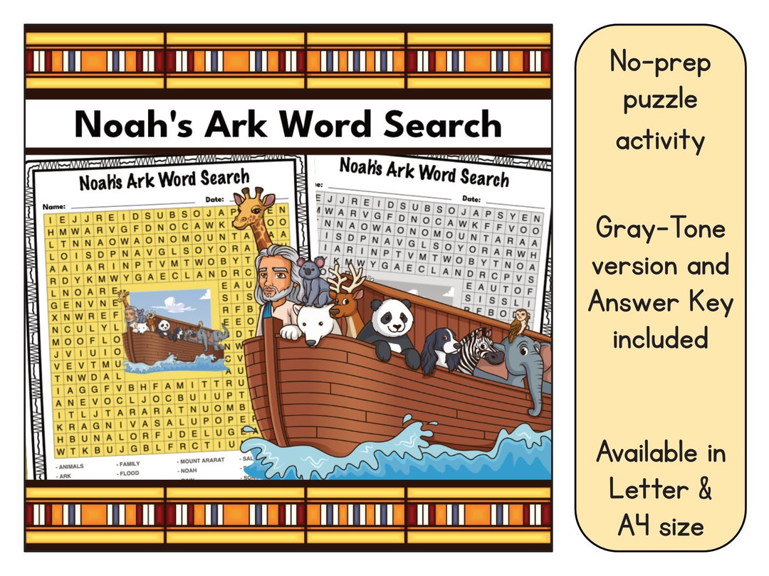 Noah's Ark Word Search Bible Puzzle Activity Worksheet - Answer Key ...