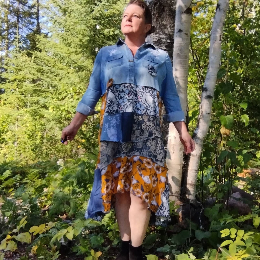 Boho Cottagecore Style A-line Denim Patchwork Dress, Sustainable ...
