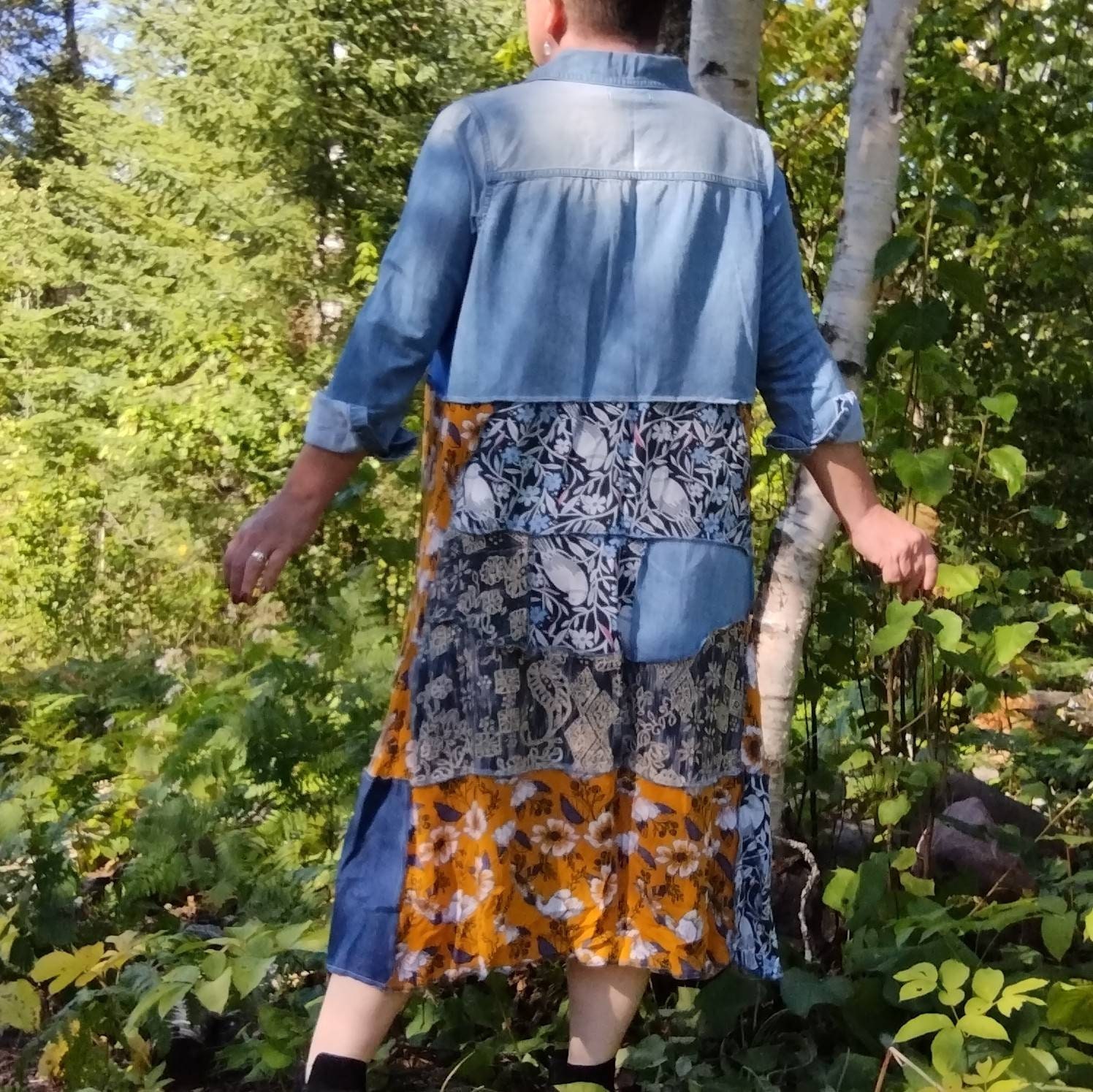 Boho Cottagecore Style A-line Denim Patchwork Dress, Sustainable ...