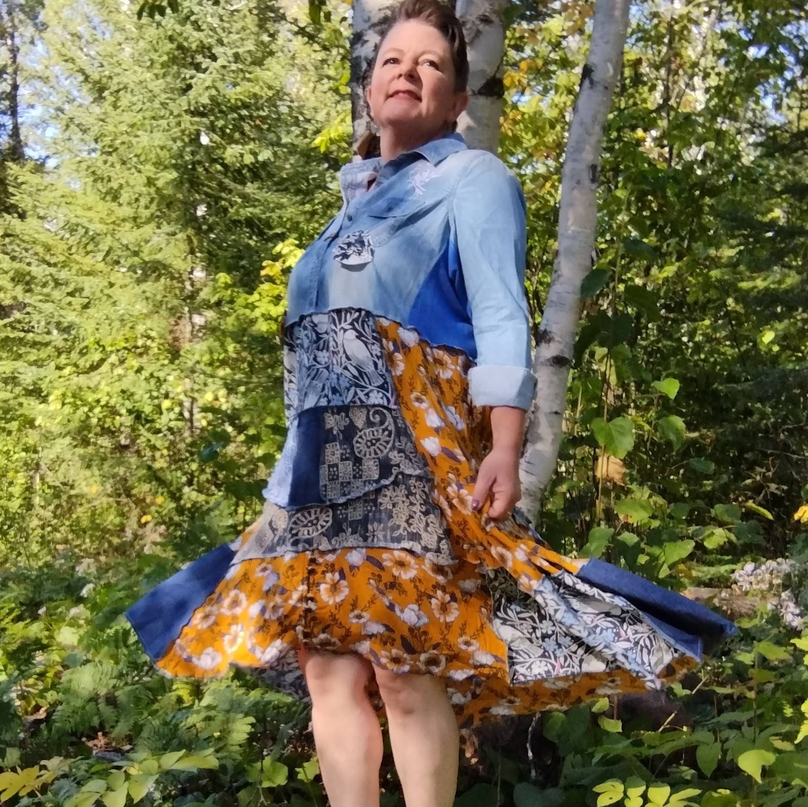 Boho Cottagecore Style A-line Denim Patchwork Dress, Sustainable ...