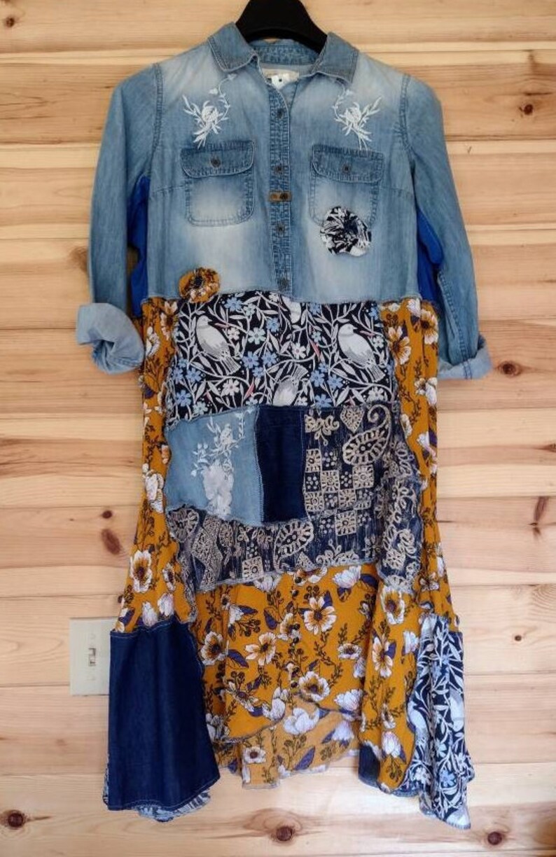 Boho Cottagecore Style A-line Denim Patchwork Dress - Etsy