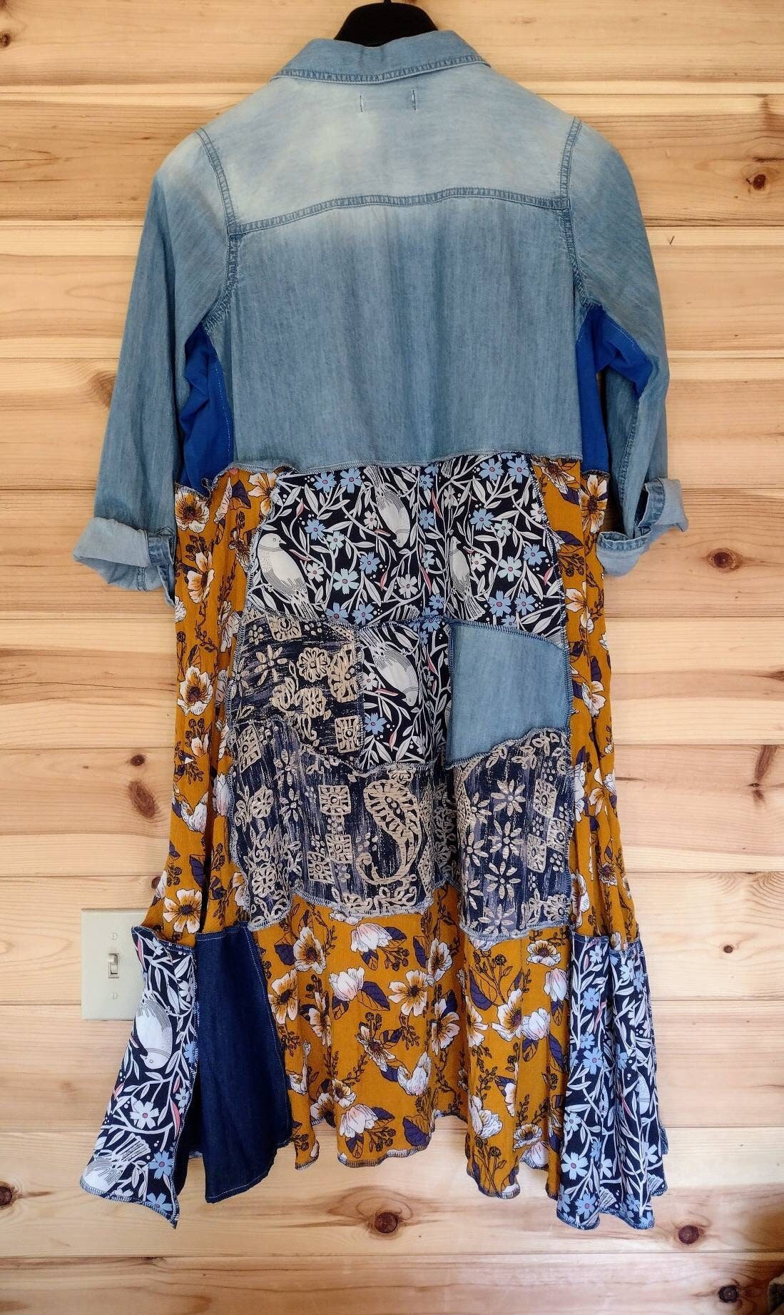 Boho Cottagecore Style A-line Denim Patchwork Dress, Sustainable ...
