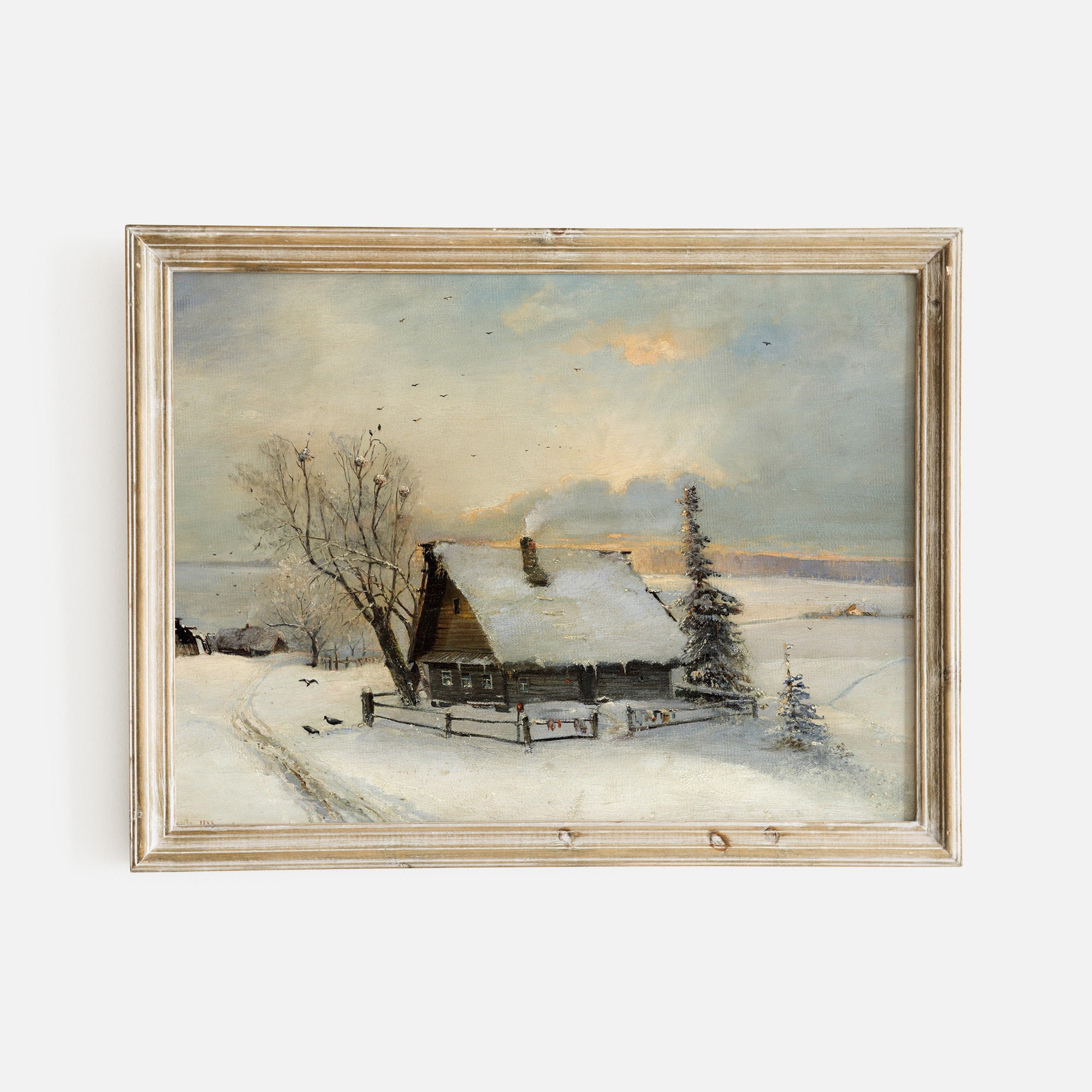 Vintage Neutral Village Landscape Print, Winter Antique Oil Painting ...