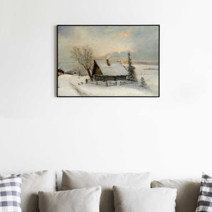 Vintage Neutral Village Landscape Print, Winter Antique Oil Painting ...