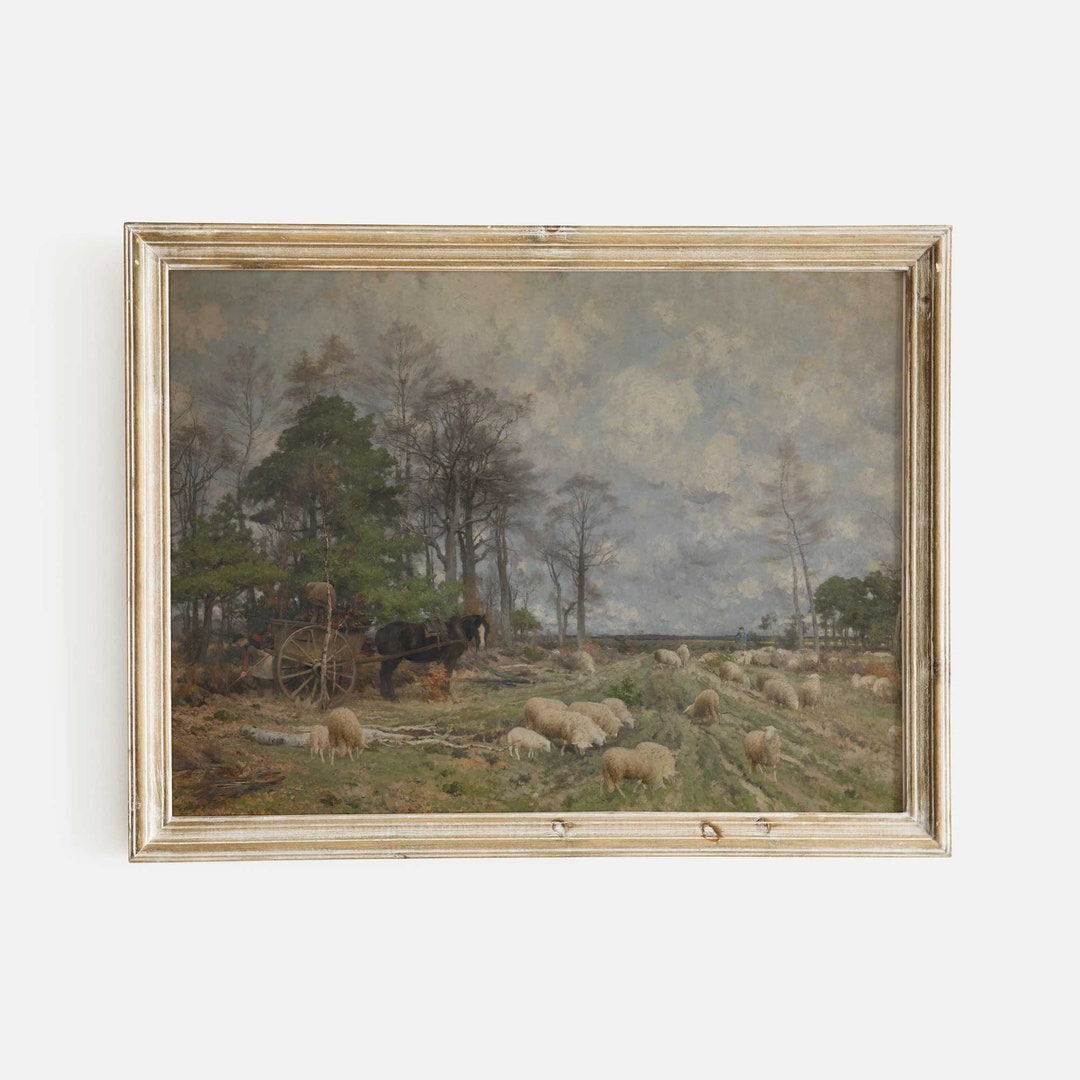 European Farm Landscape Painting, Vintage Country Farmhouse Wall Art ...