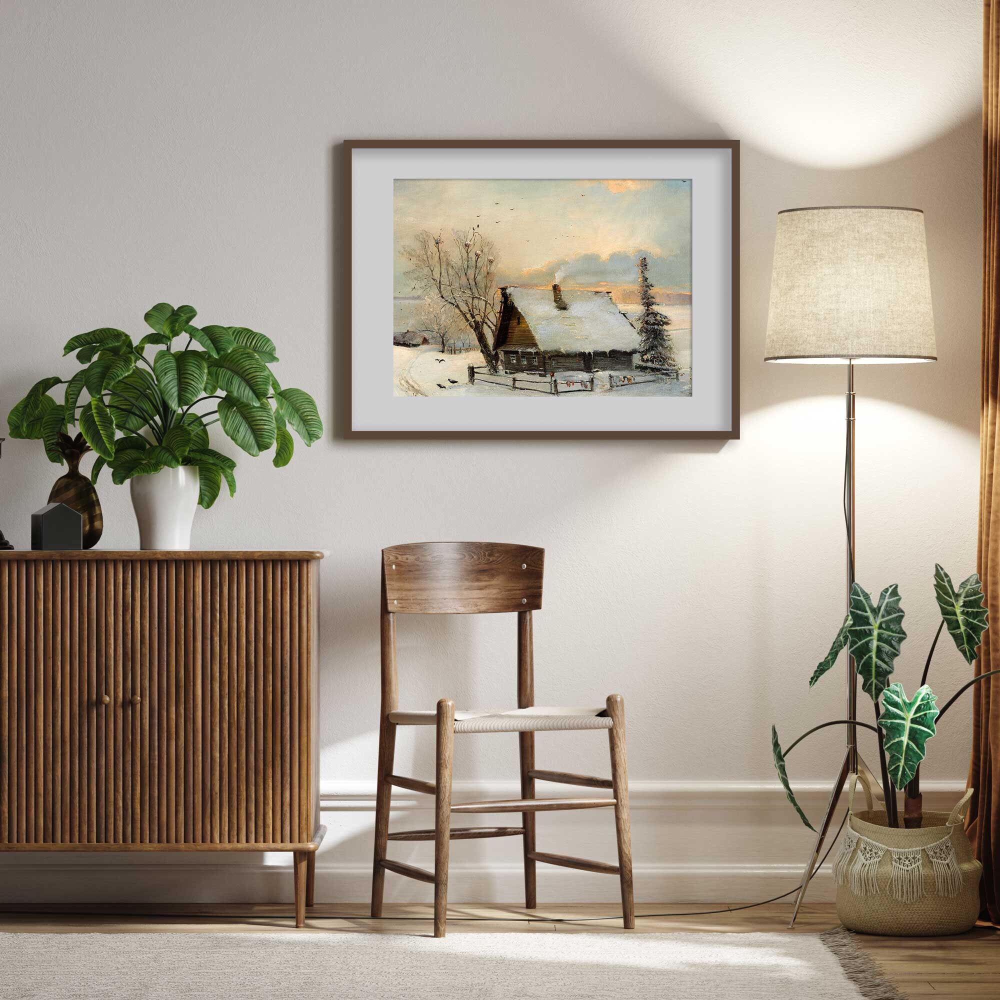 Vintage Neutral Village Landscape Print, Winter Antique Oil Painting ...