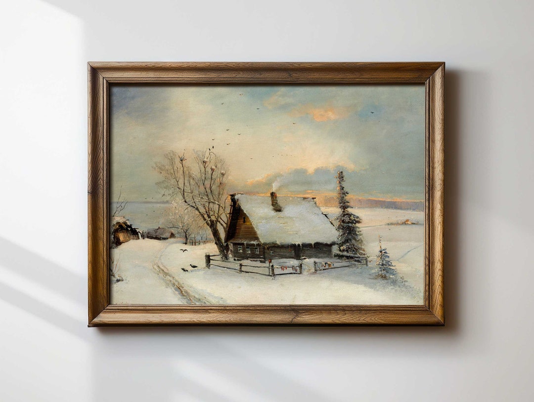 Vintage Neutral Village Landscape Print, Winter Antique Oil Painting ...