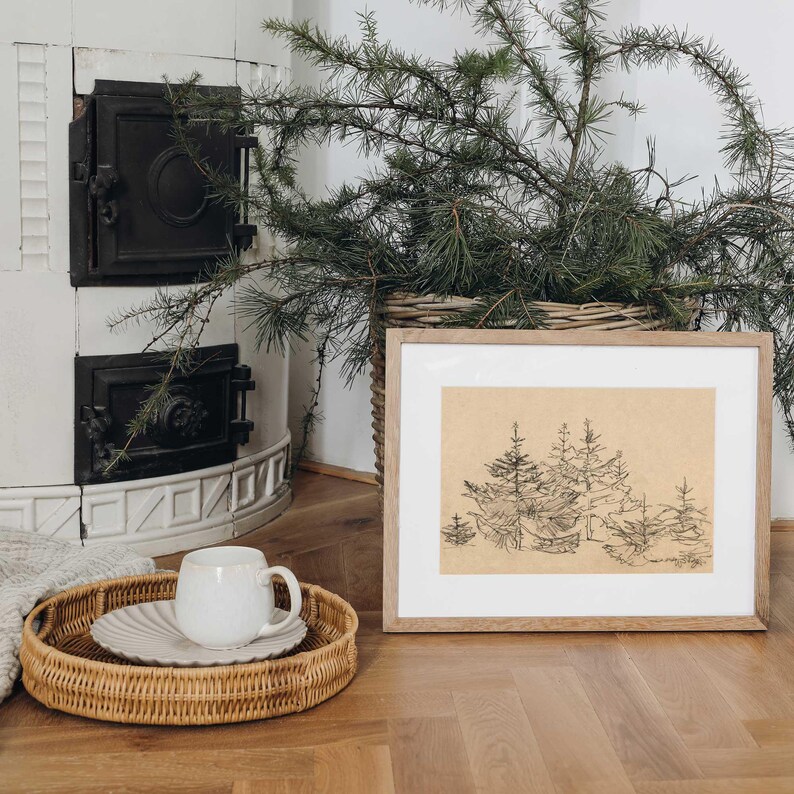 Christmas Pine Tree Sketch: Rustic Holiday Wall Art - Etsy