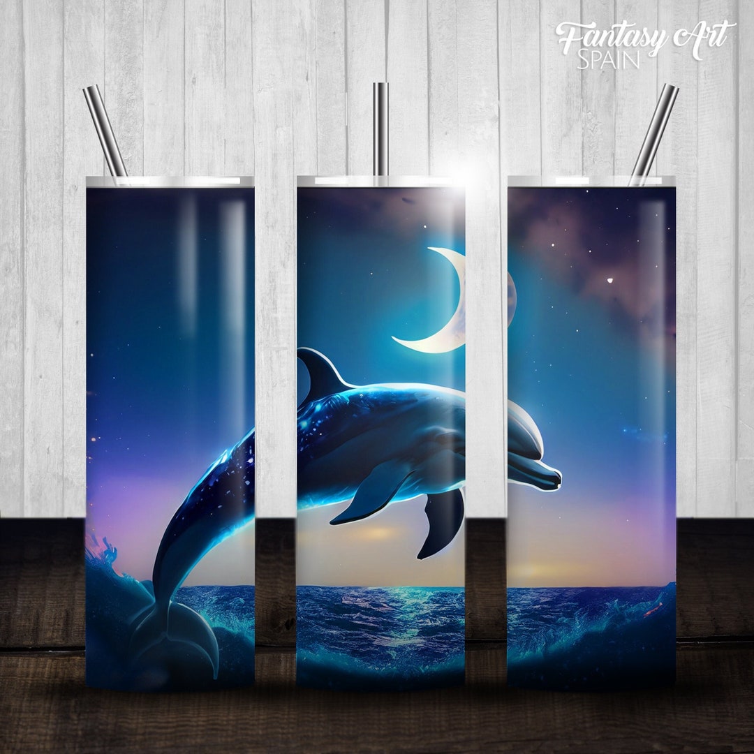 Dolphin and Moon 20oz Skinny Tumbler Sublimation Designs, Straight PNG ...