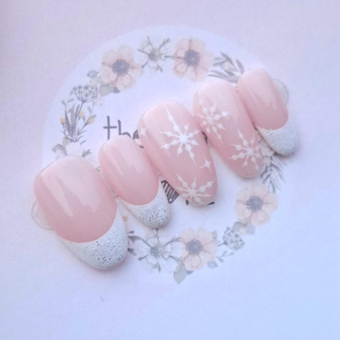 White Snowflake French Tip Nails, Christmas Nails, Hand Painted, Set of ...
