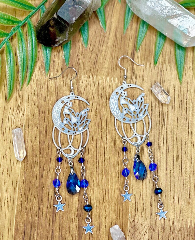 Moon Crystal Earrings, Moon Dangle Earrings, Celestial Dangle Earrings, Witchy Earrings, Moon ...