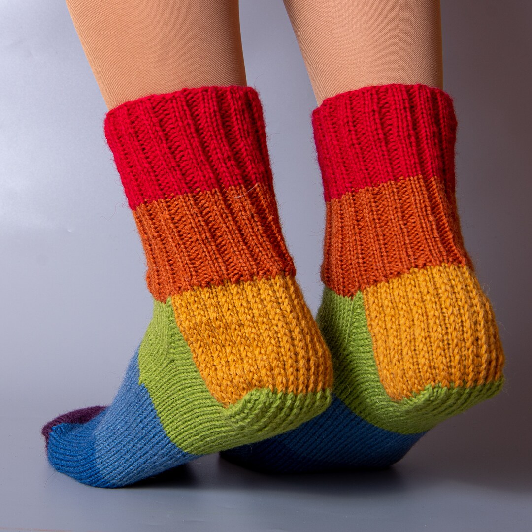 Rainbow Thick Wool Socks Handmade Hand Knit Special Yarn Warm - Etsy