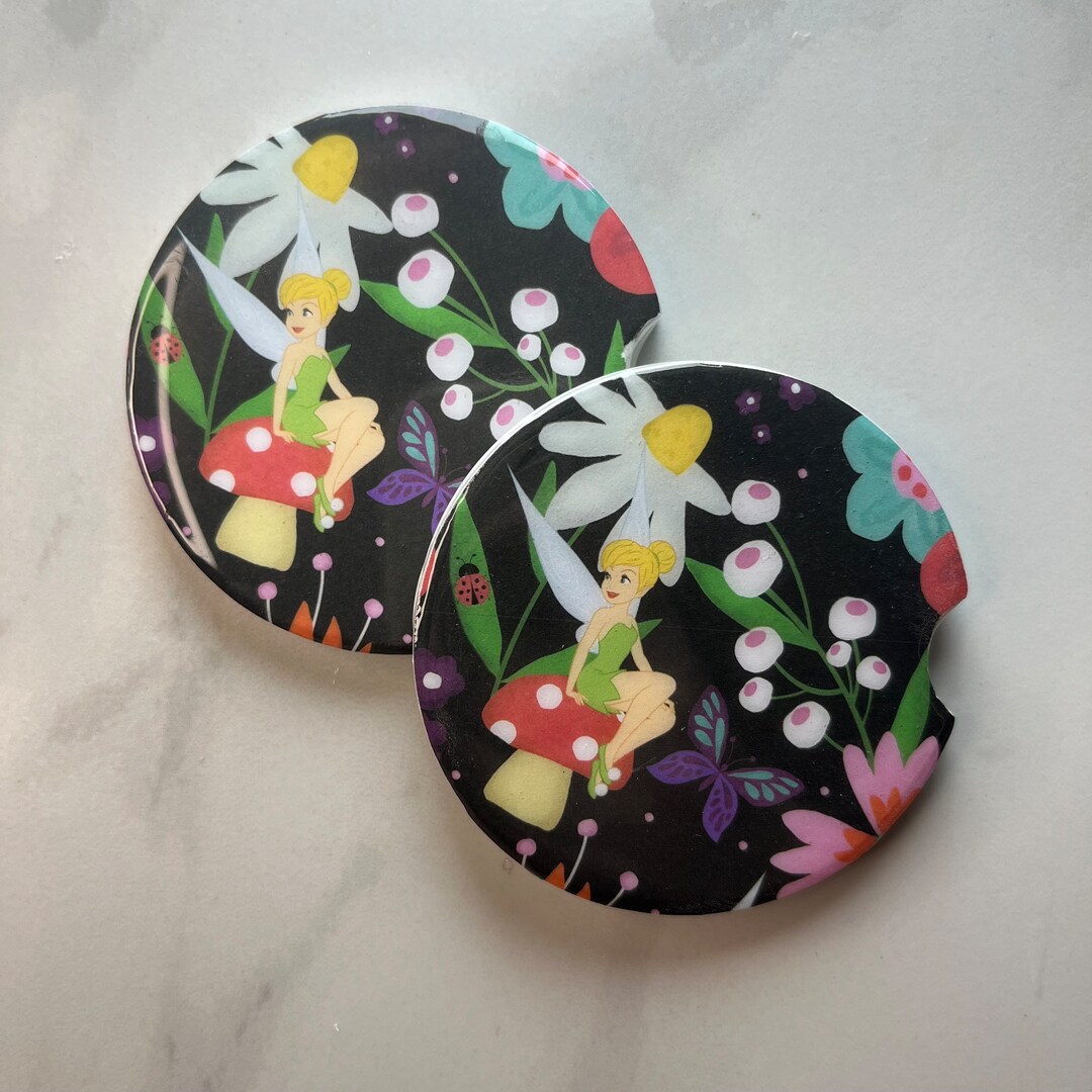 Tinkerbell Floral Car Coasters Set of 2 Epoxy Coated Ceramic Coaster ...