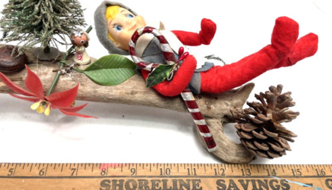 Vtg Christmas Elf Knee Hugger Rubber Face Pixie Blonde Drift Wood ...