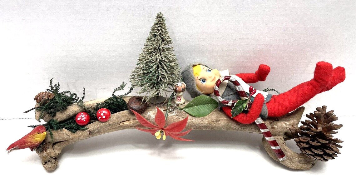 Vtg Christmas Elf Knee Hugger Rubber Face Pixie Blonde Drift Wood ...