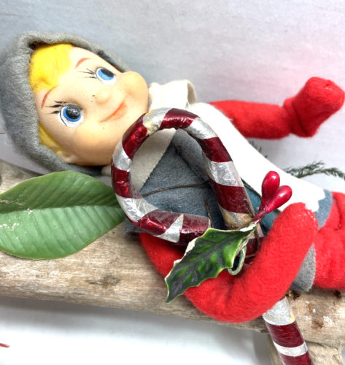 Vtg Christmas Elf Knee Hugger Rubber Face Pixie Blonde Drift Wood ...