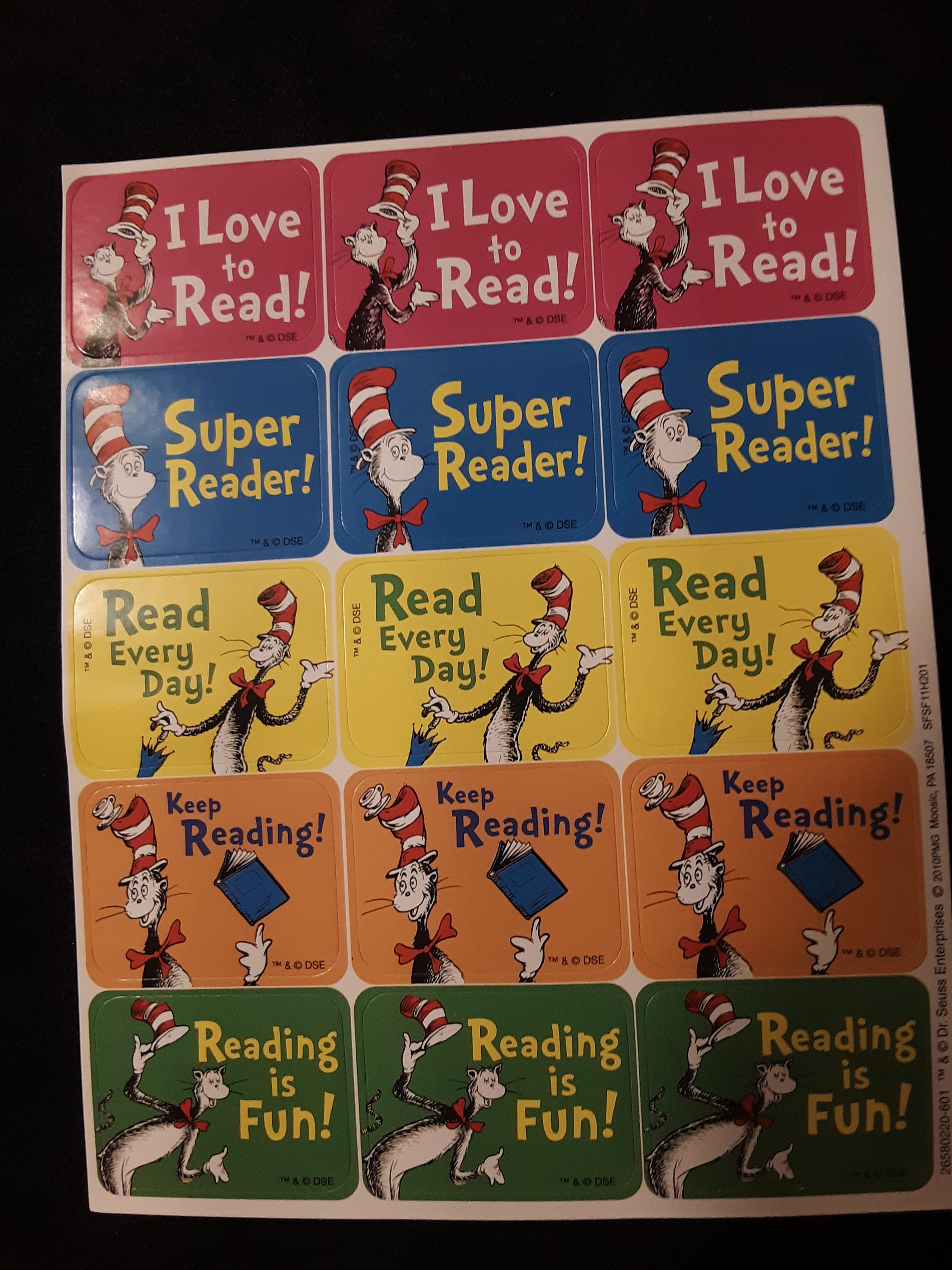 One Lot of 8 Sheets, Dr. Seuss Cat in the Hat Reading Encouragement ...