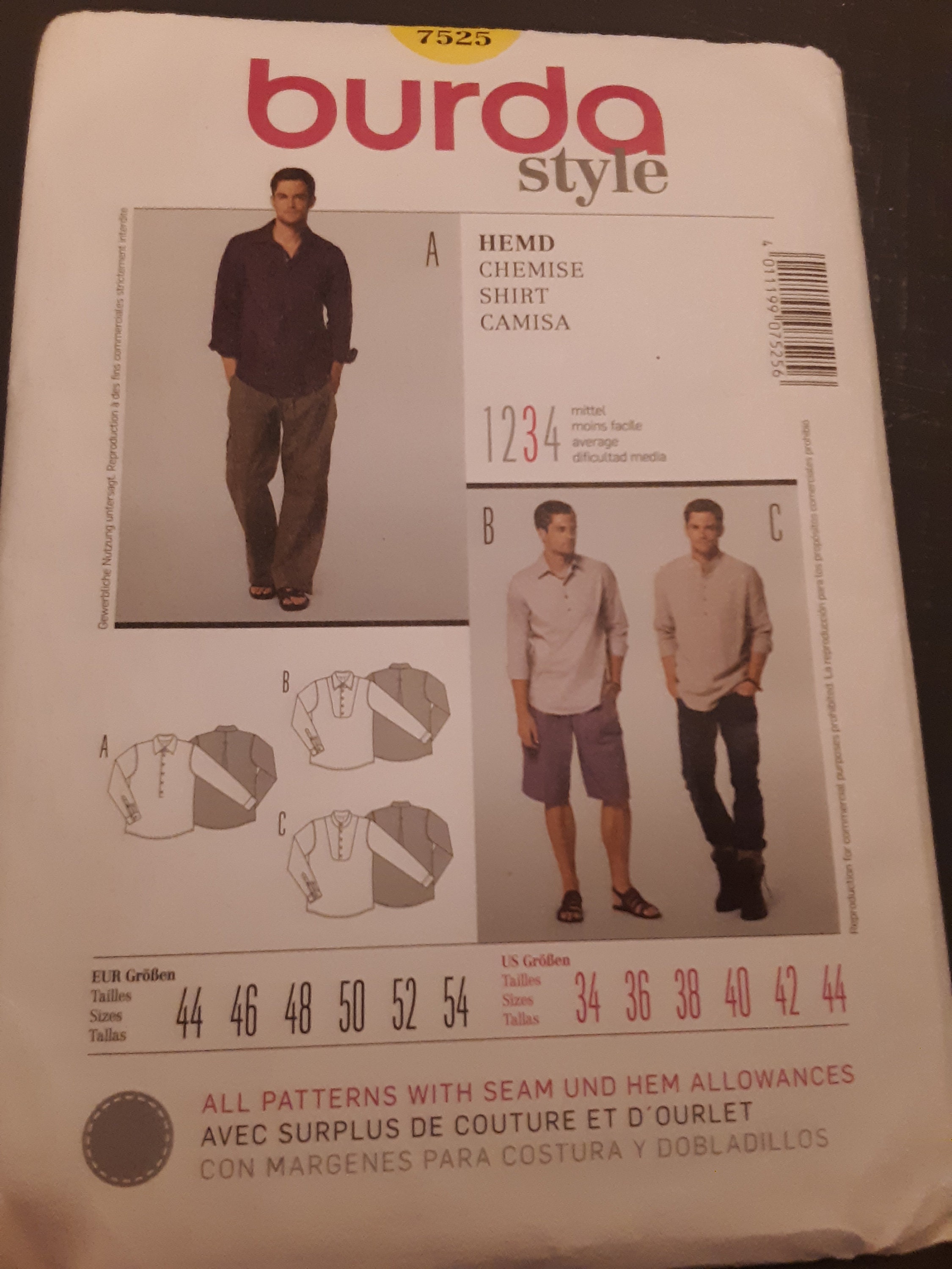 BURDA STYLE Mens Sewing Pattern 7525 for Pullover Shirts in 3 - Etsy