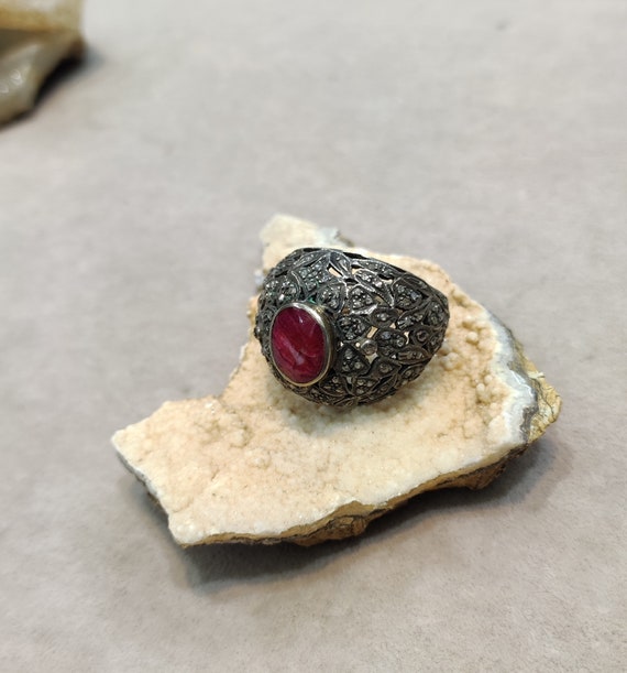 Antique Ruby Ring, Silver made 18s ladies pave set Di… - Gem