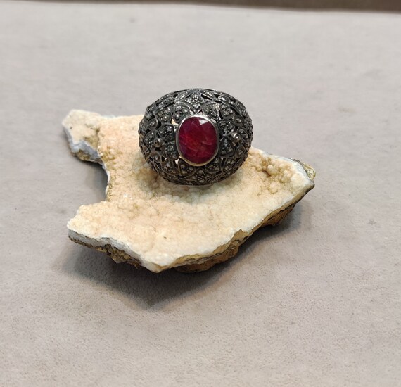 Antique Ruby Ring, Silver made 18s ladies pave set Di… - Gem