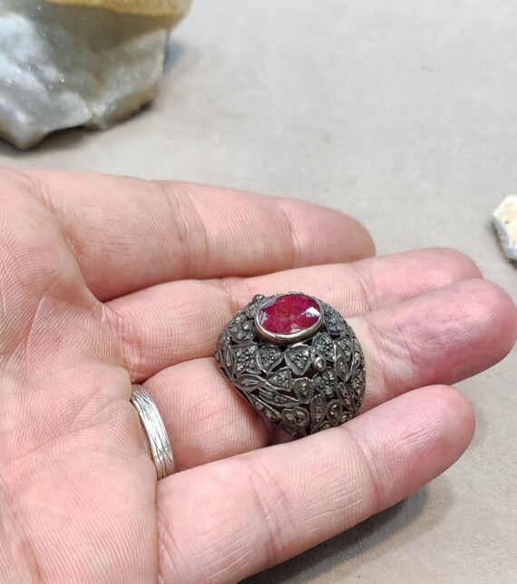 Antique Ruby Ring, Silver made 18s ladies pave set Di… - Gem